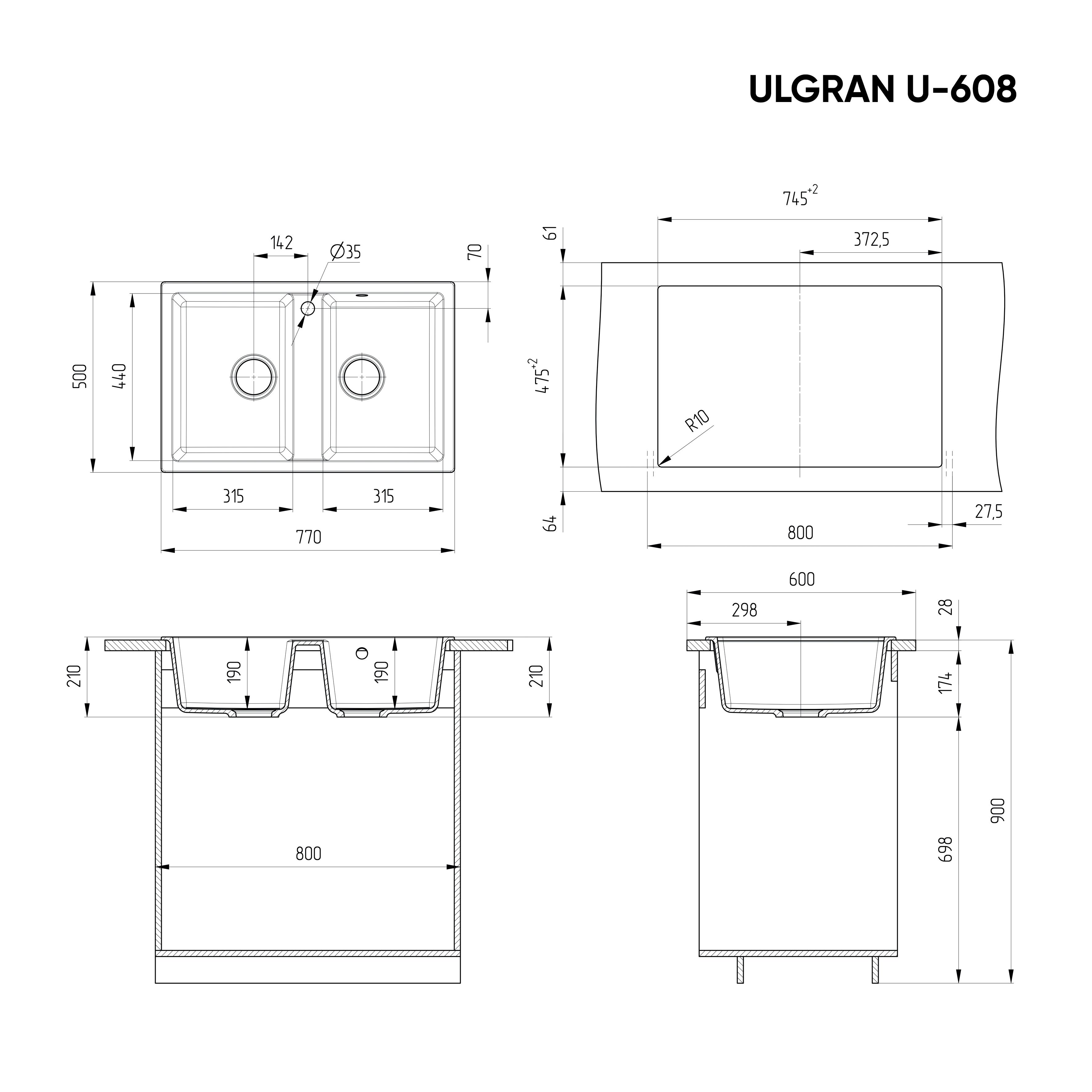 Кухонная мойка ULGRAN U-608 двухсекционная с отверстием под смеситель