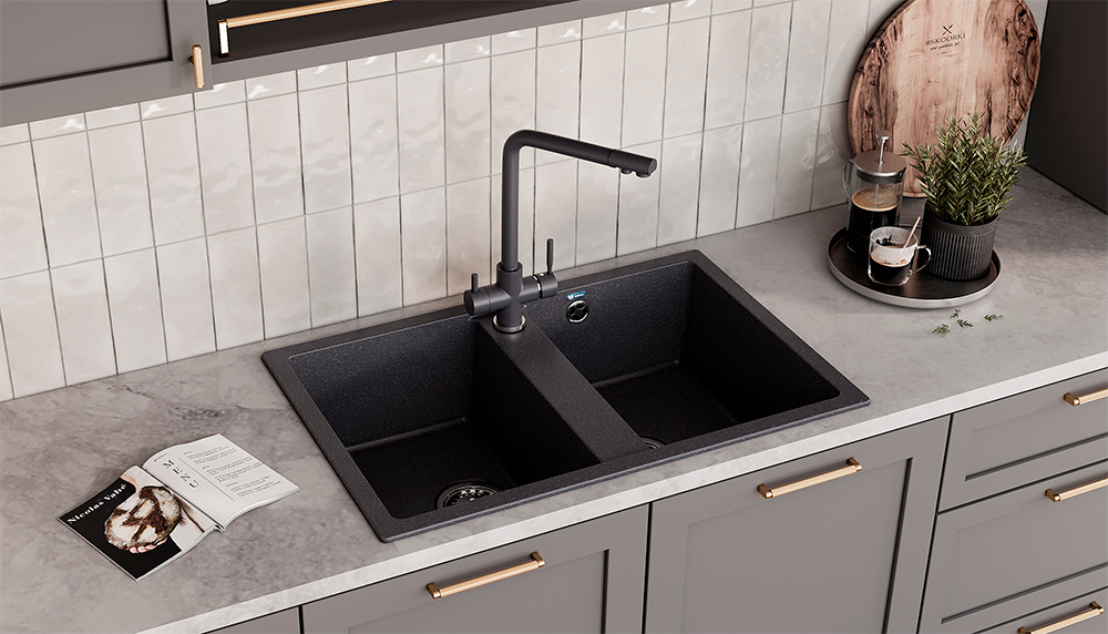 Кухонная мойка ULGRAN U-608 двухсекционная с отверстием под смеситель